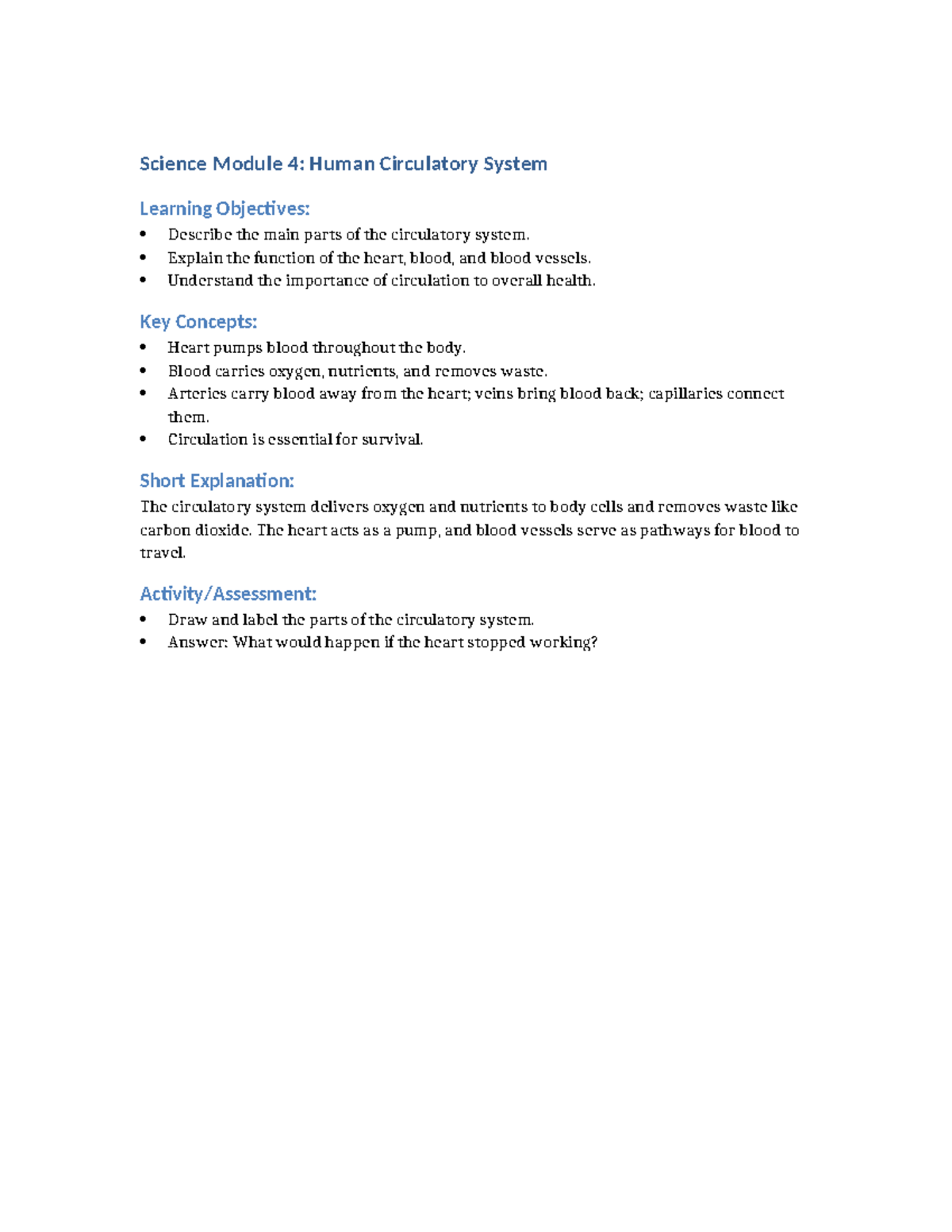 Science Module 4: Human Circulatory System Overview and Key Concepts ...