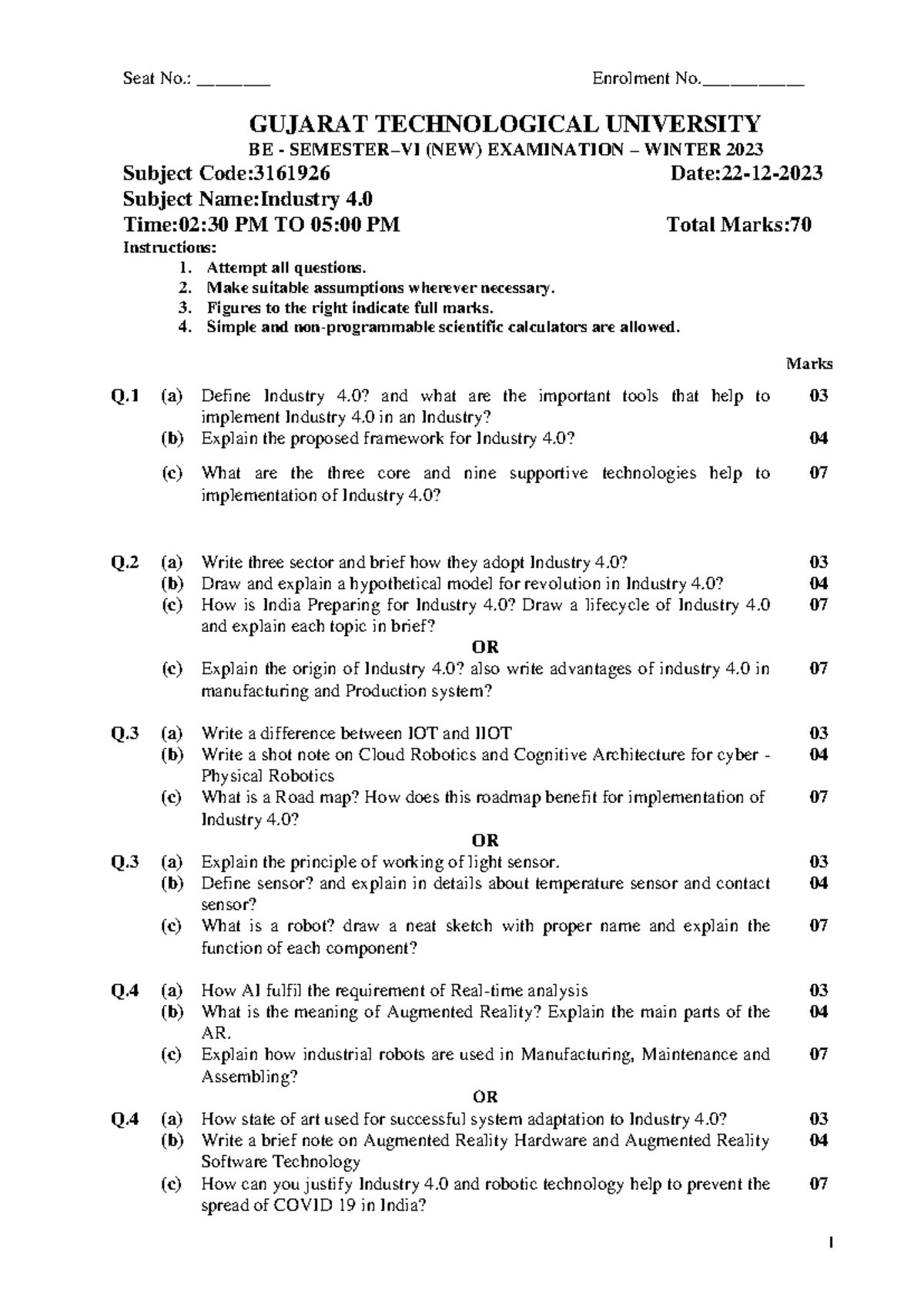 Industry 4.0 Exam Guide - GTU BE Winter 2023 (Subject Code: 3161926 ...