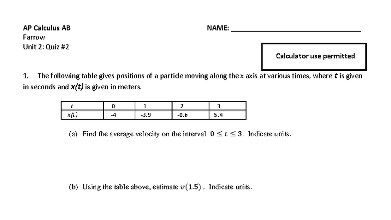 AP Calculus AB Unit 2: Quiz #2 Practice on Particle Motion - Studocu