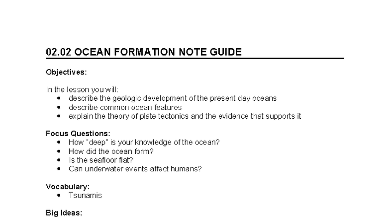 02.02 OCEAN FORMATION LESSON NOTES & GUIDE - Studocu