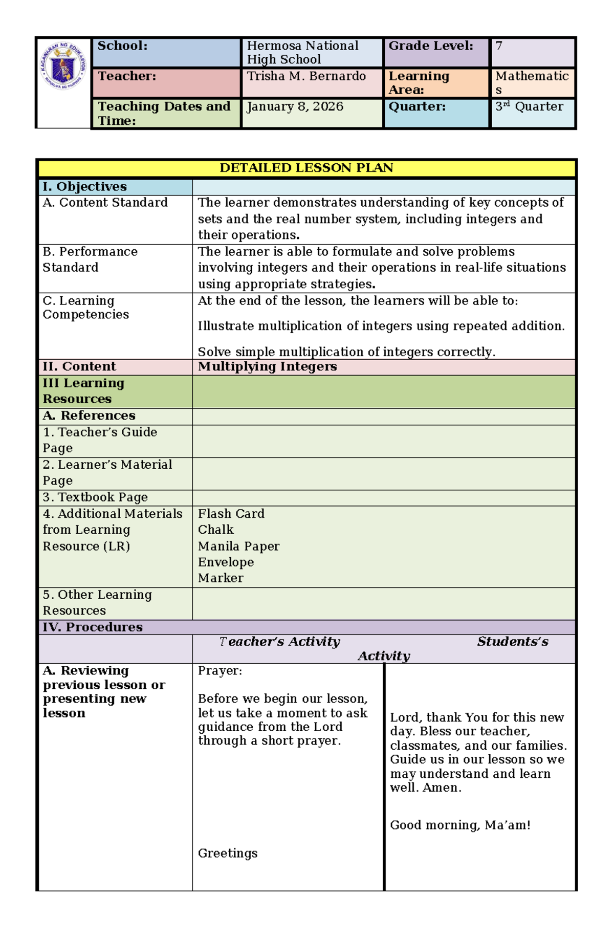 Mathematics Lesson Plan: Multiplying Integers (Grade 7) - DAY 2 - Studocu