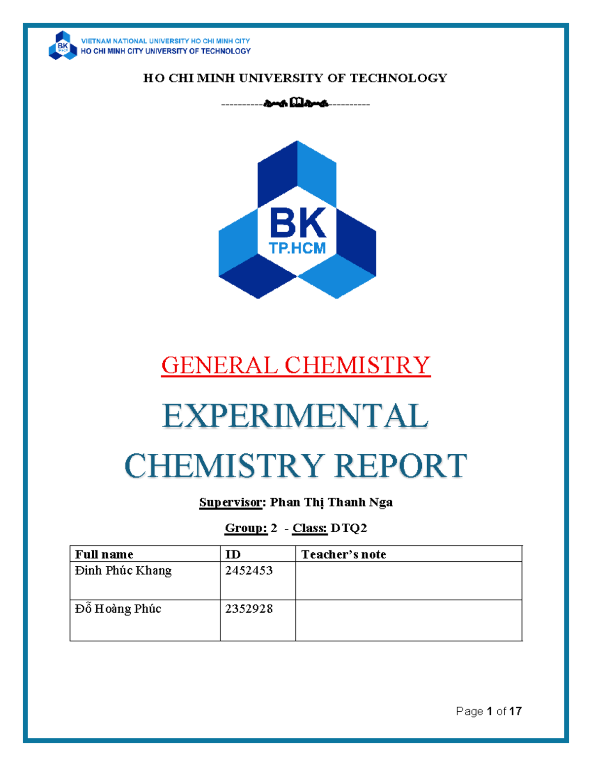 General Chemistry Experimental Report (DTQ2) - Heat of Reaction ...