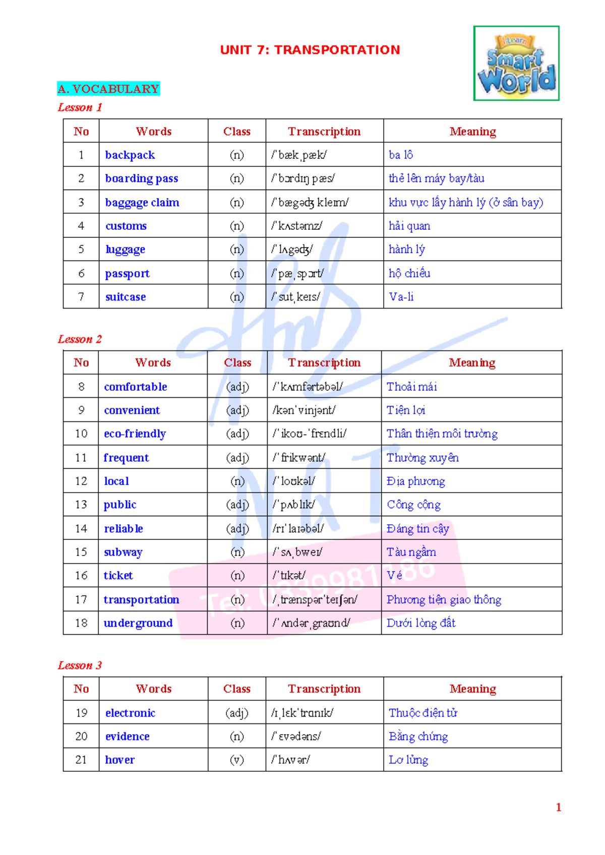 E7.U7 - Unit 7: Transportation Vocabulary & Grammar Notes - Studocu