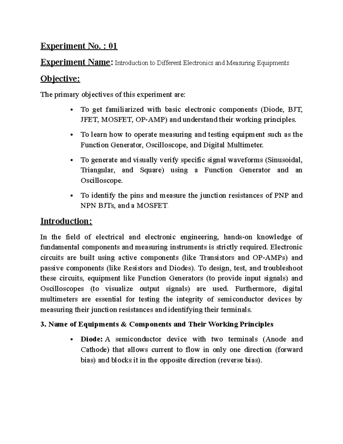 EEE LAB 1 - Introduction to Electronics & Measuring Equipment - Studocu