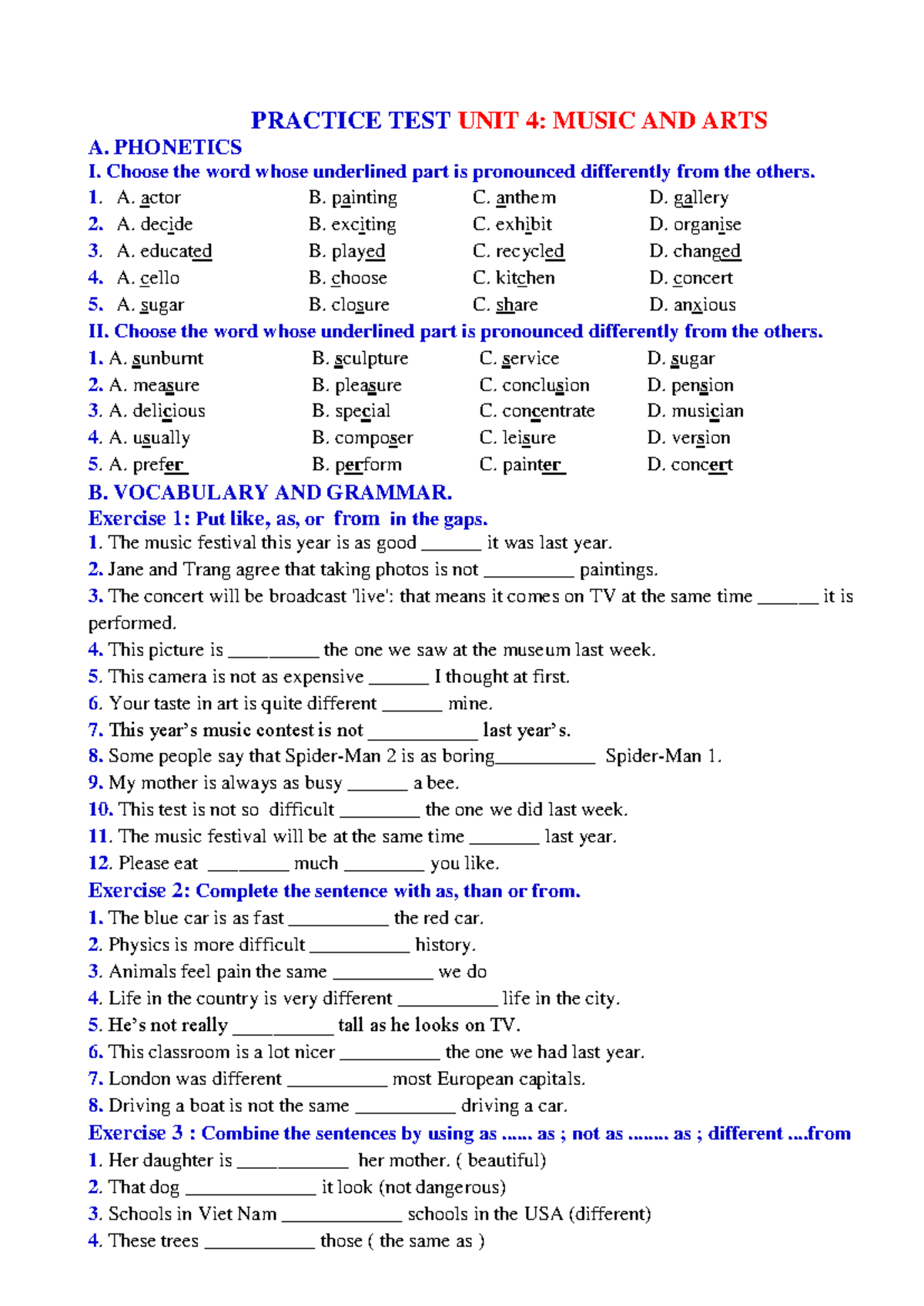 Practice Test Unit 4: Music and Arts - English 8 - Studocu