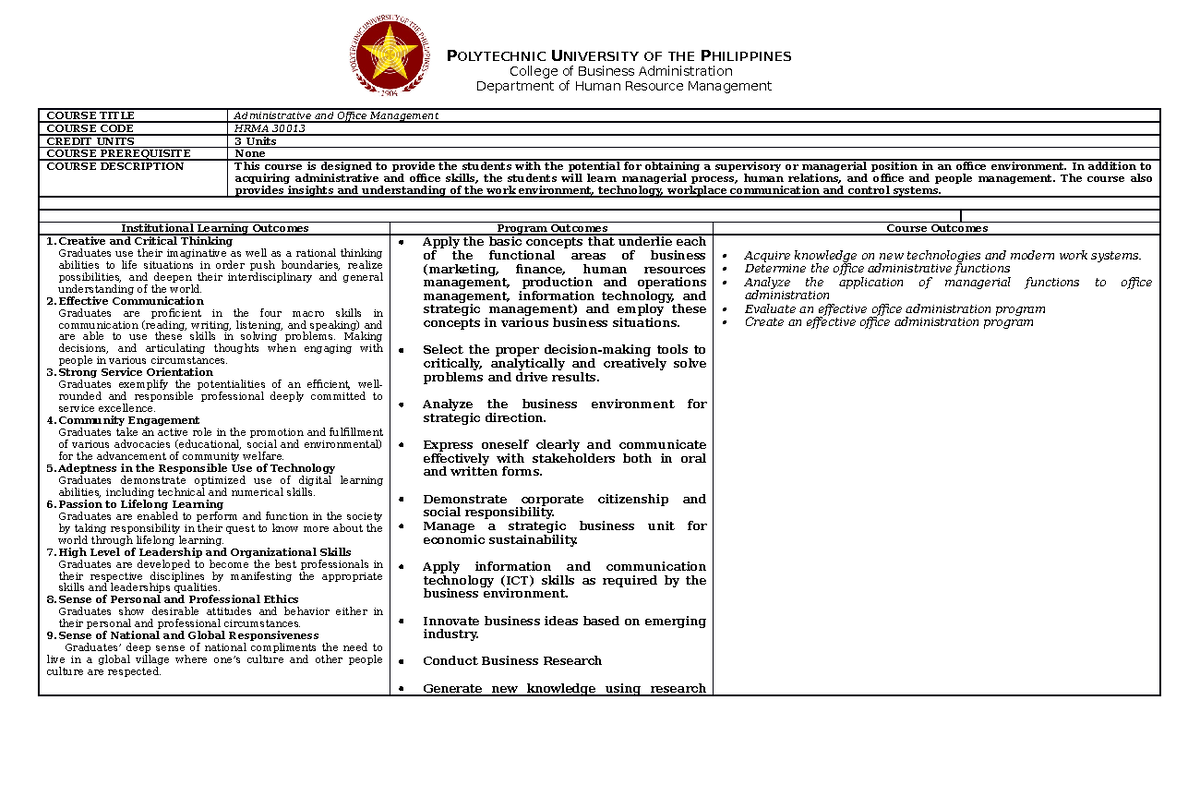 Syllabus for Administrative & Office Management (HRMA 30013) Course ...