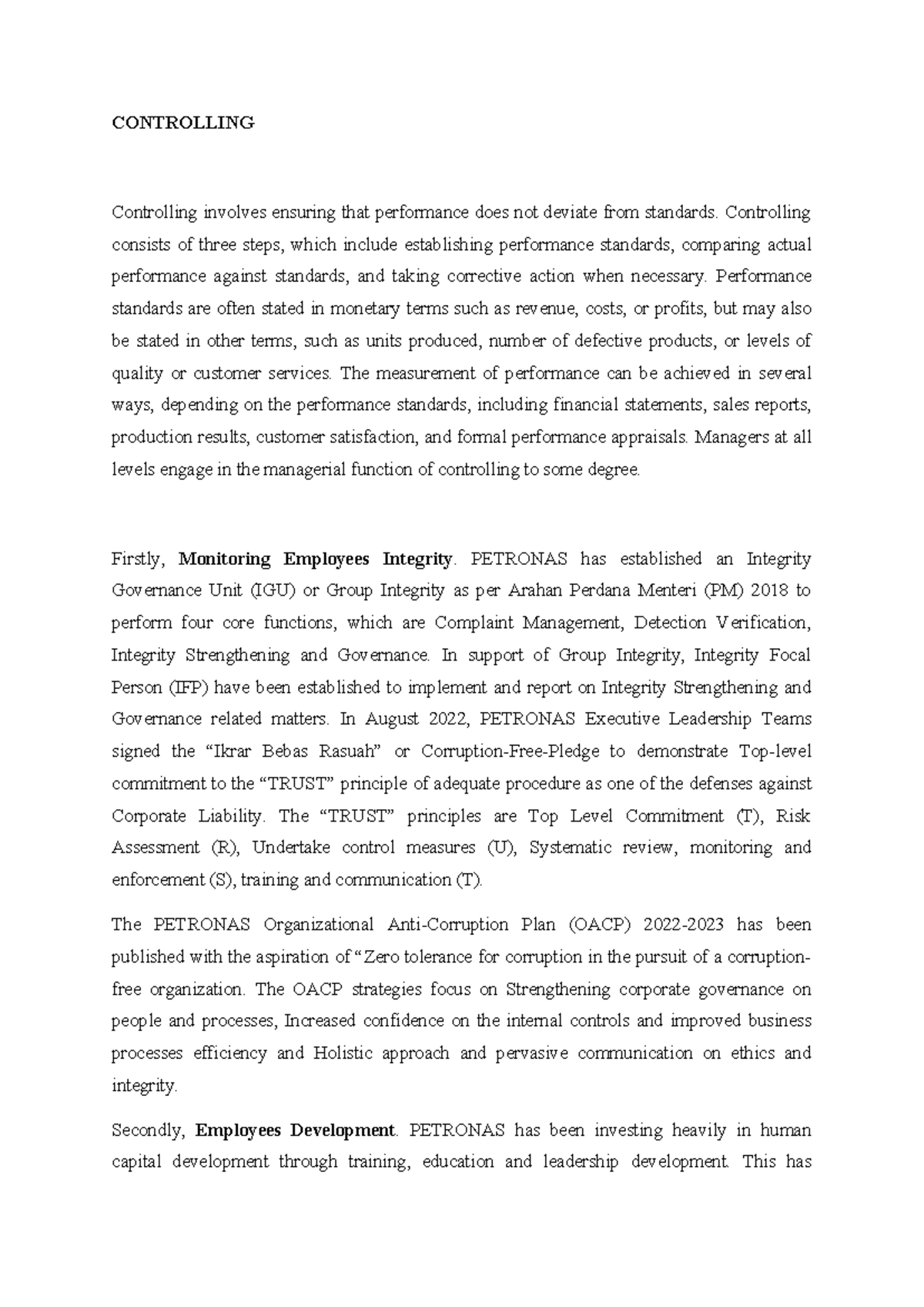 Assignment 1: Controlling and Integrity Practices at PETRONAS - Studocu