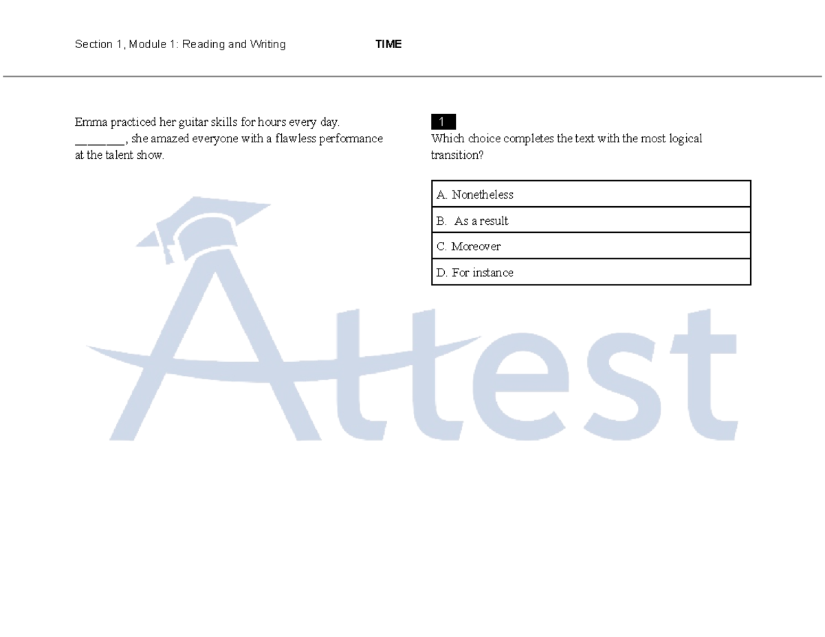 Transition Words Practice Questions: Section 1, Module 1 - Studocu