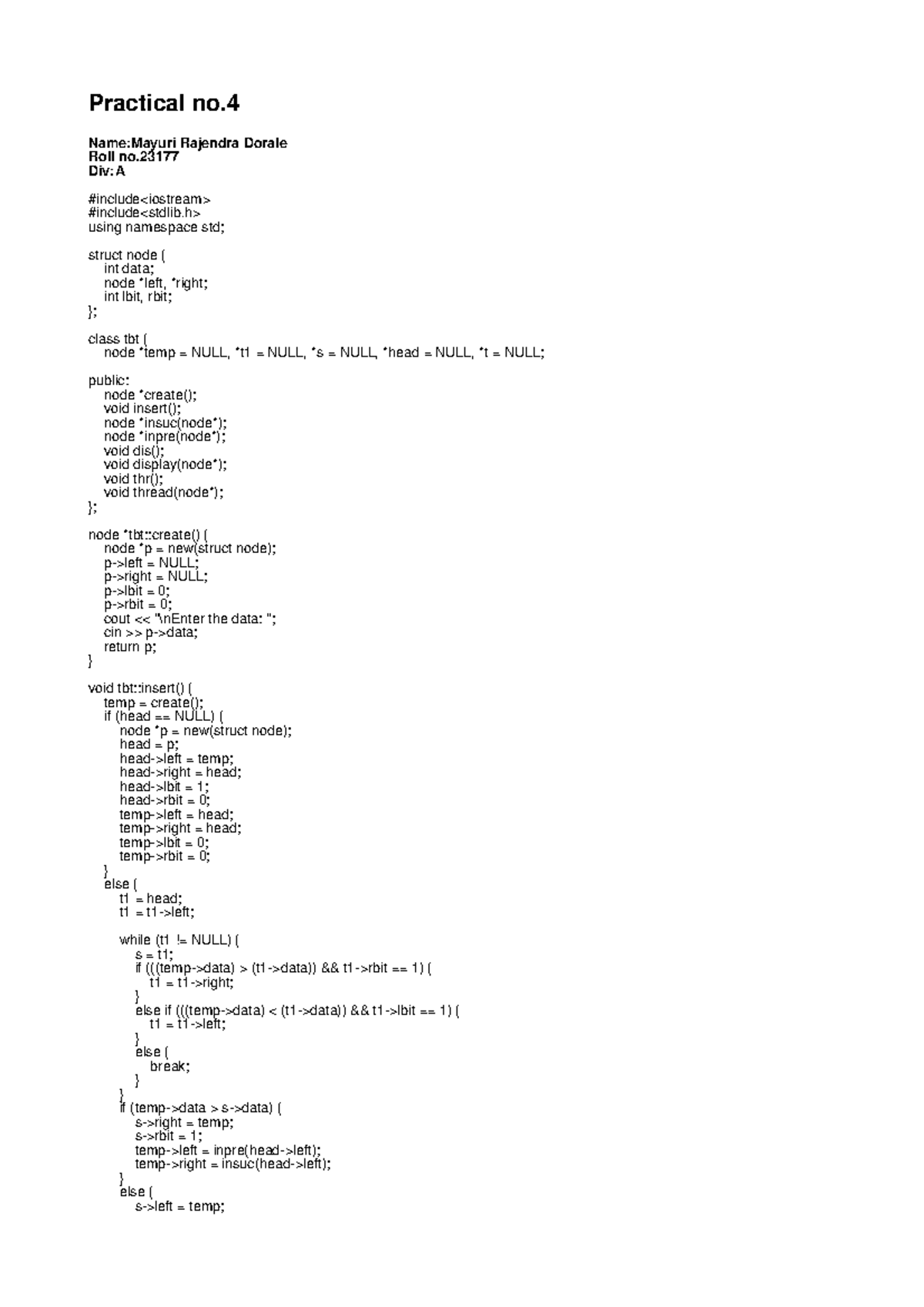 DSA4 - Practical - Practical no. Name:Mayuri Rajendra Dorale Roll no. Div:A #include - Studocu