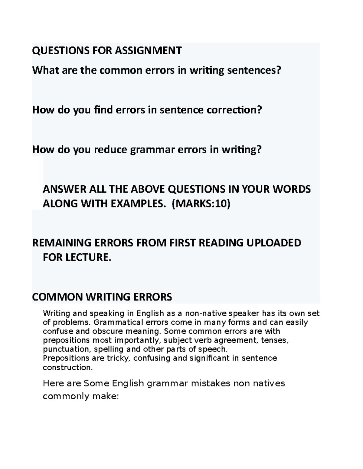 ENG 120: Common Writing Errors - Assignment Questions and Guidance ...