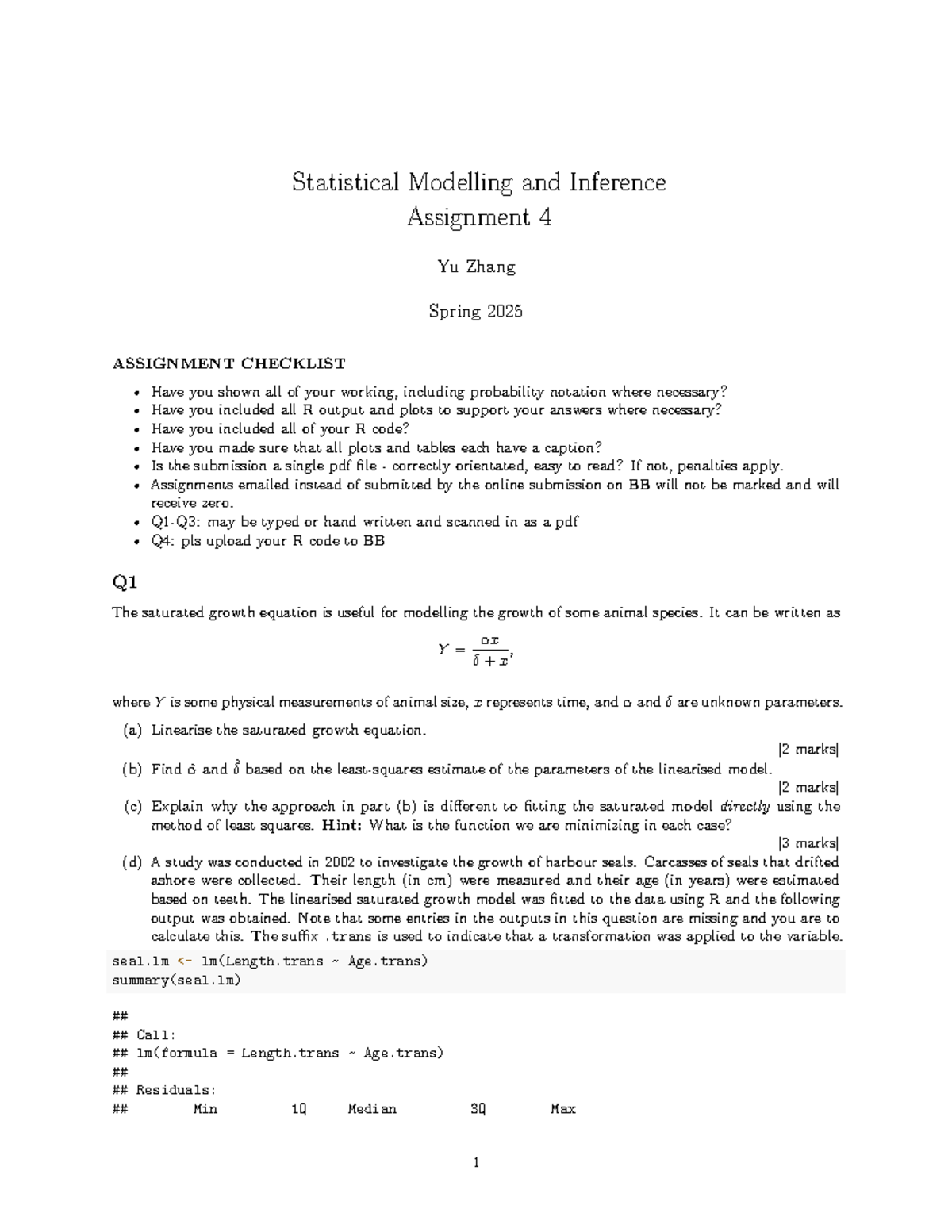 Statistical Modelling and Inference A4 - Assignment Checklist ...