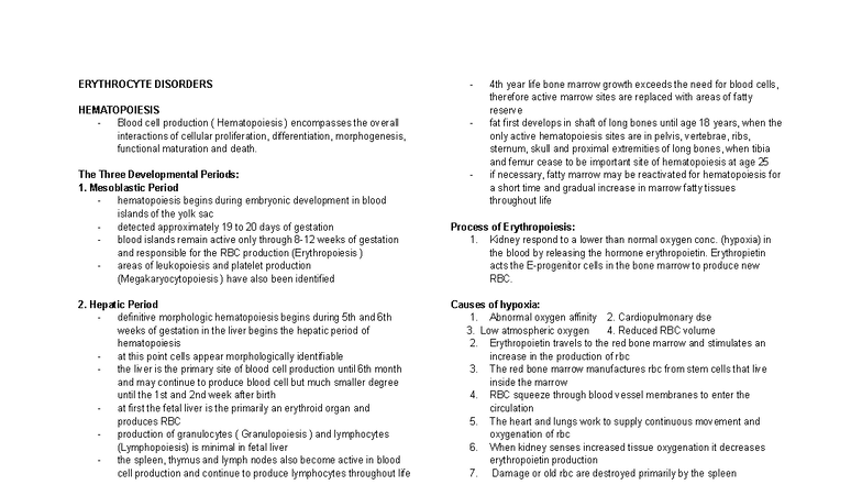 HEMA 301 Midterm Lecture Notes on Erythrocyte Disorders and ...