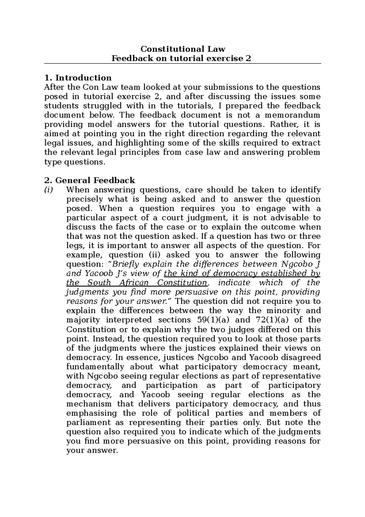 General Feedback for Tut 2 - Constitutional Law Feedback on tutorial ...