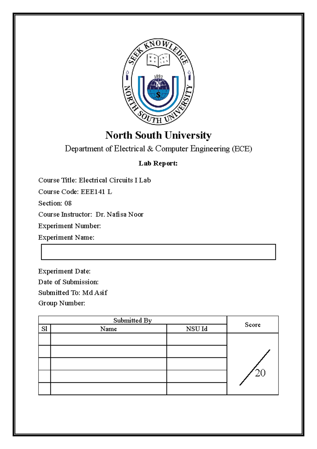 EEE141 Lab Report Cover Page - Fundamentals of Electric circuit - North ...