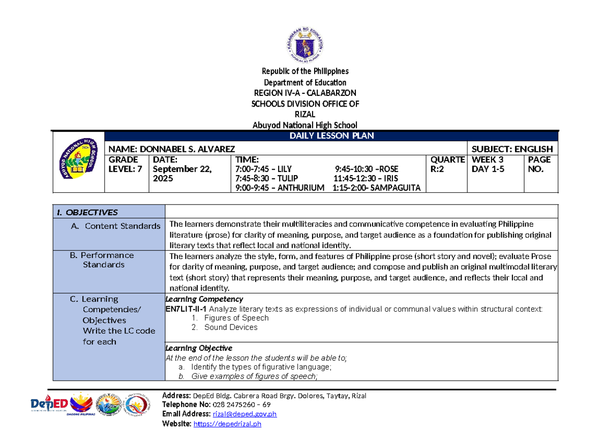 DLP-Q2W3-ENG7-RESILIENCE & FIGURATIVE LANGUAGE LESSON - Studocu