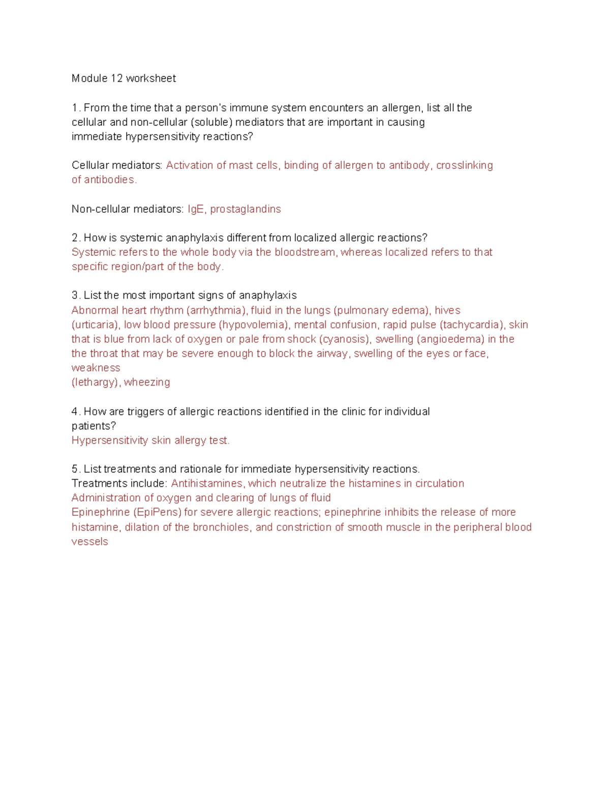 Module 12 Worksheet: Immediate Hypersensitivity Reactions & Anaphylaxis ...
