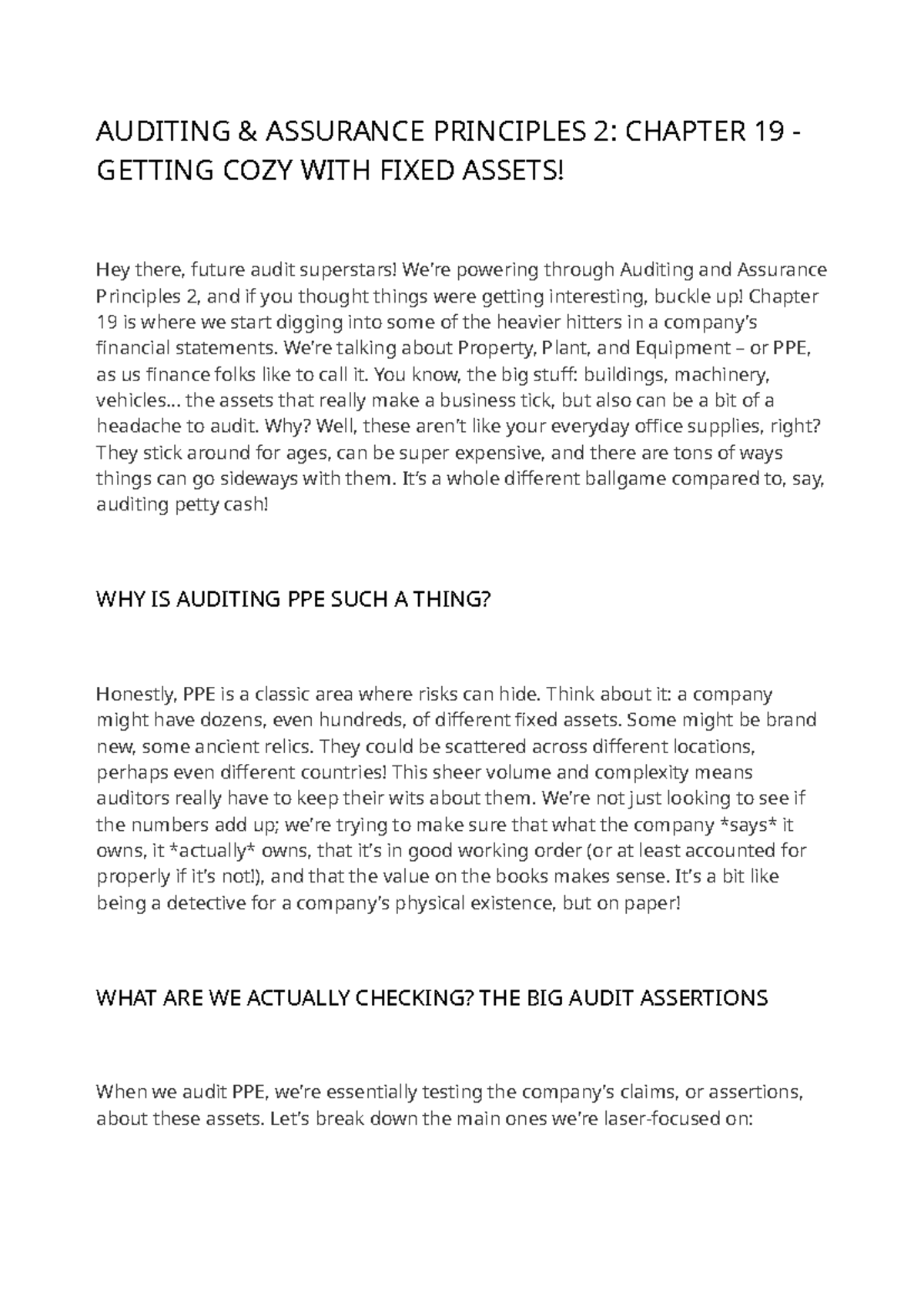 AUDITING ASSURANCE PRINCIPLES 2: CHAPTER 19 ON FIXED ASSETS - Studocu