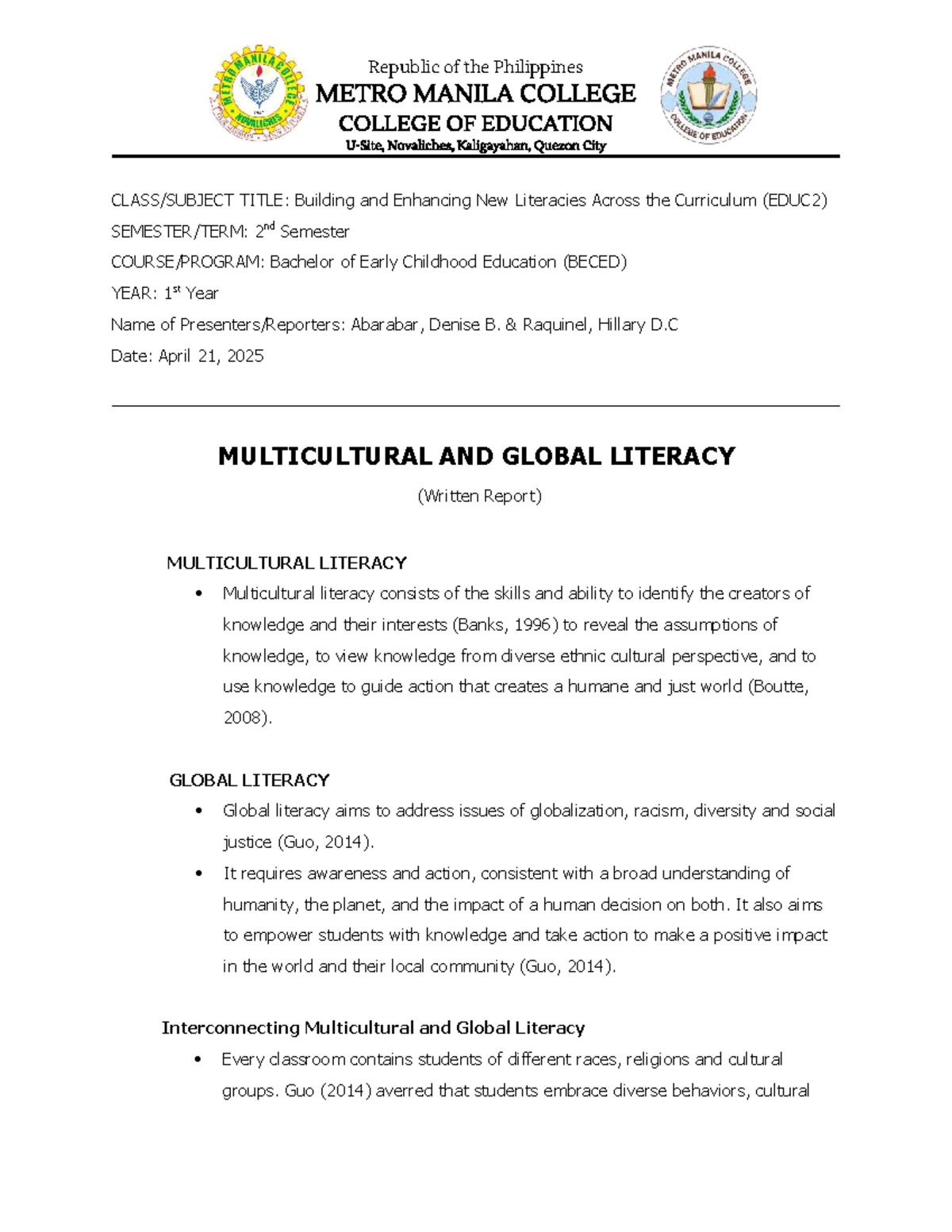 Building and Enhancing Multicultural & Global Literacy (EDUC2) - Studocu