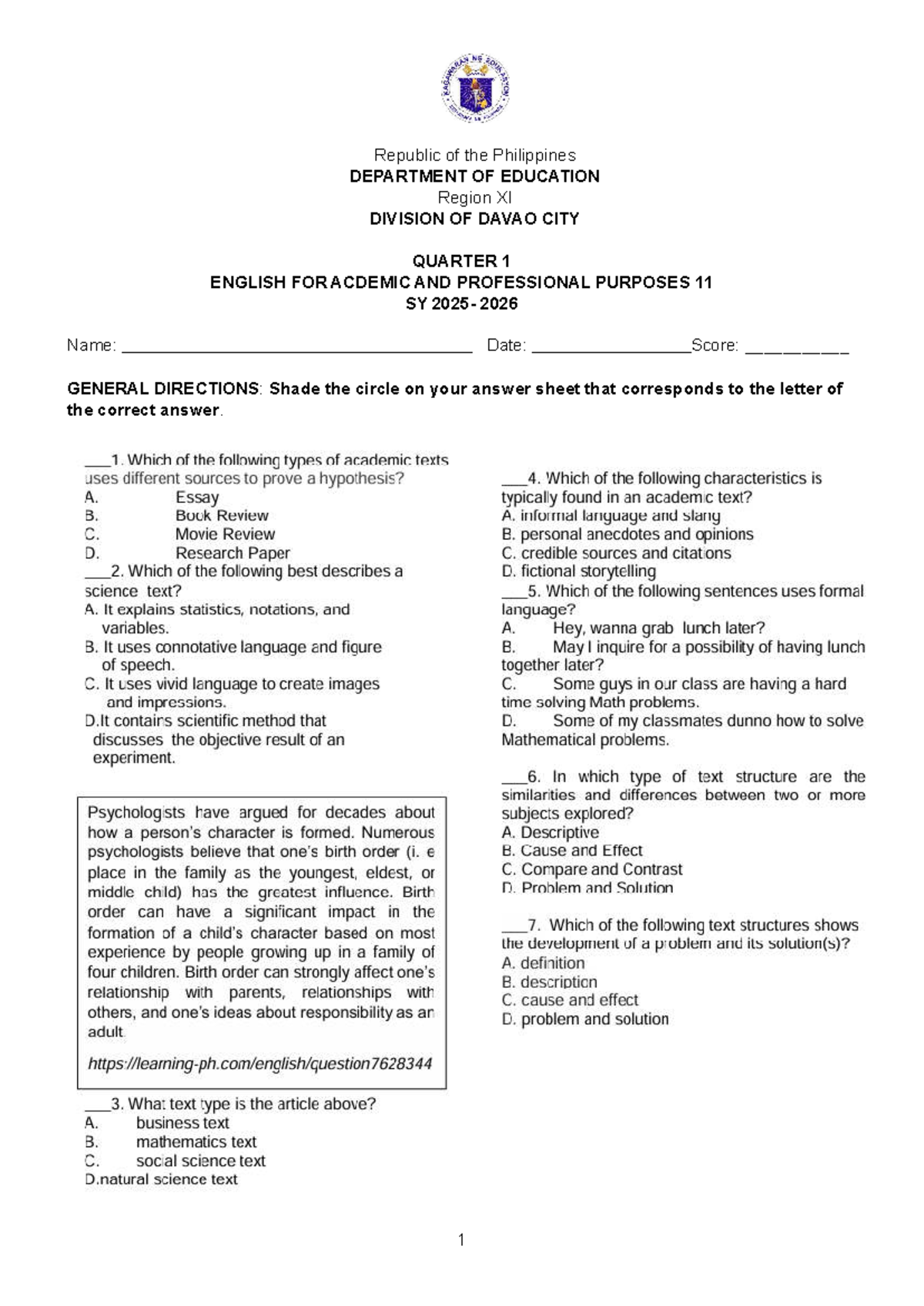 Exam Q1 EAPP - EAPP Exam - English Language Teaching - Republic of the ...
