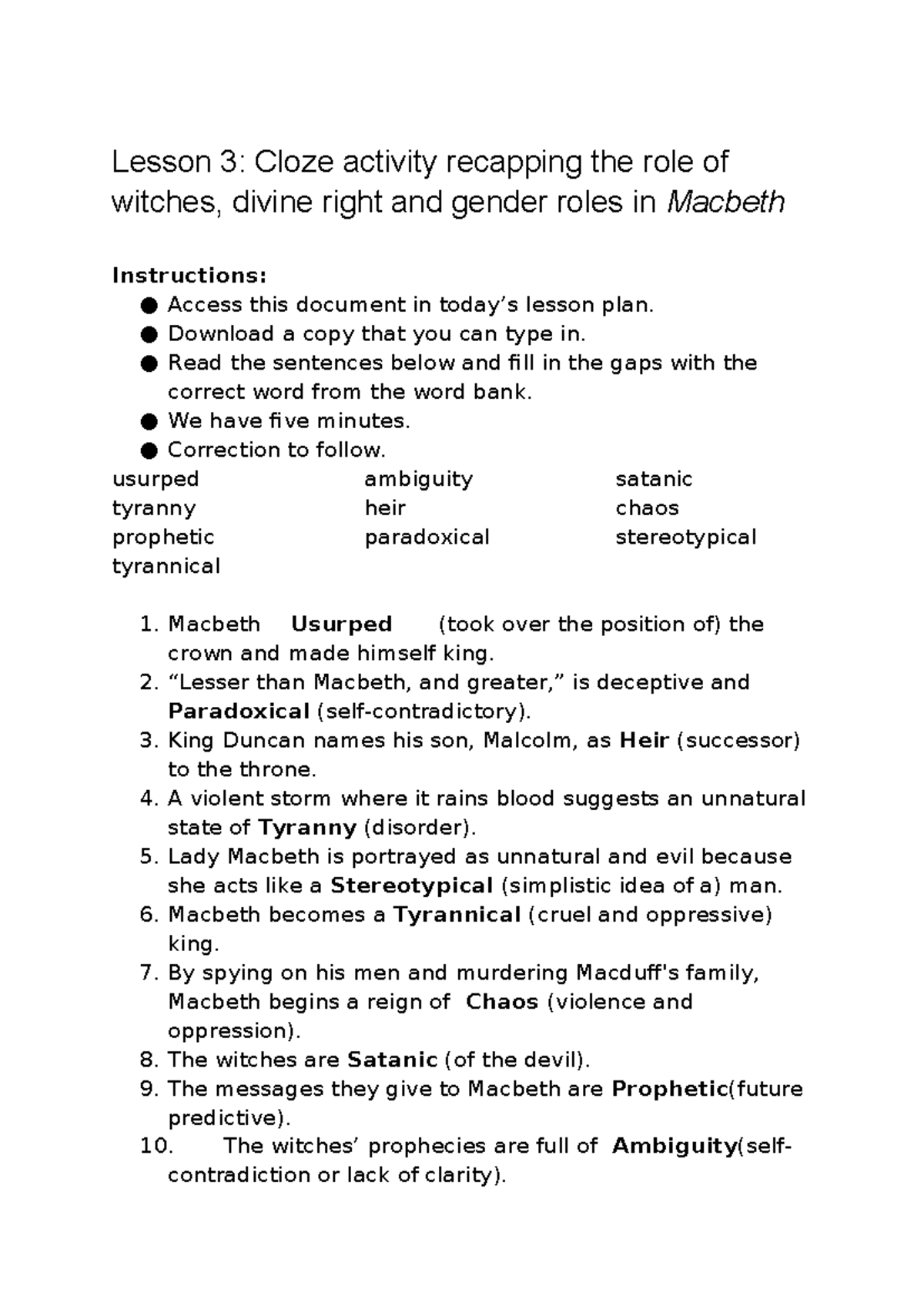 Lesson 4: Cloze Activity on Witches, Tyranny & Gender in Macbeth - Studocu