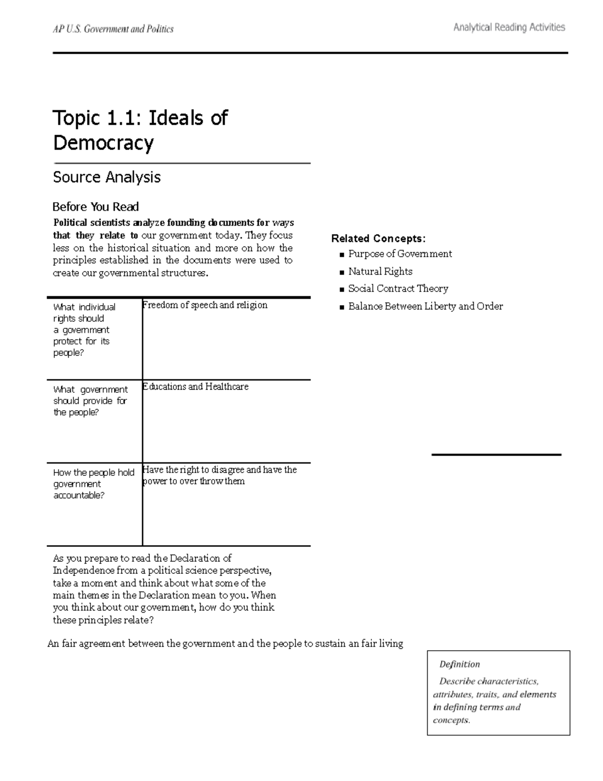 Analytical Reading Activity 1.1: Ideals of Democracy and Governance ...