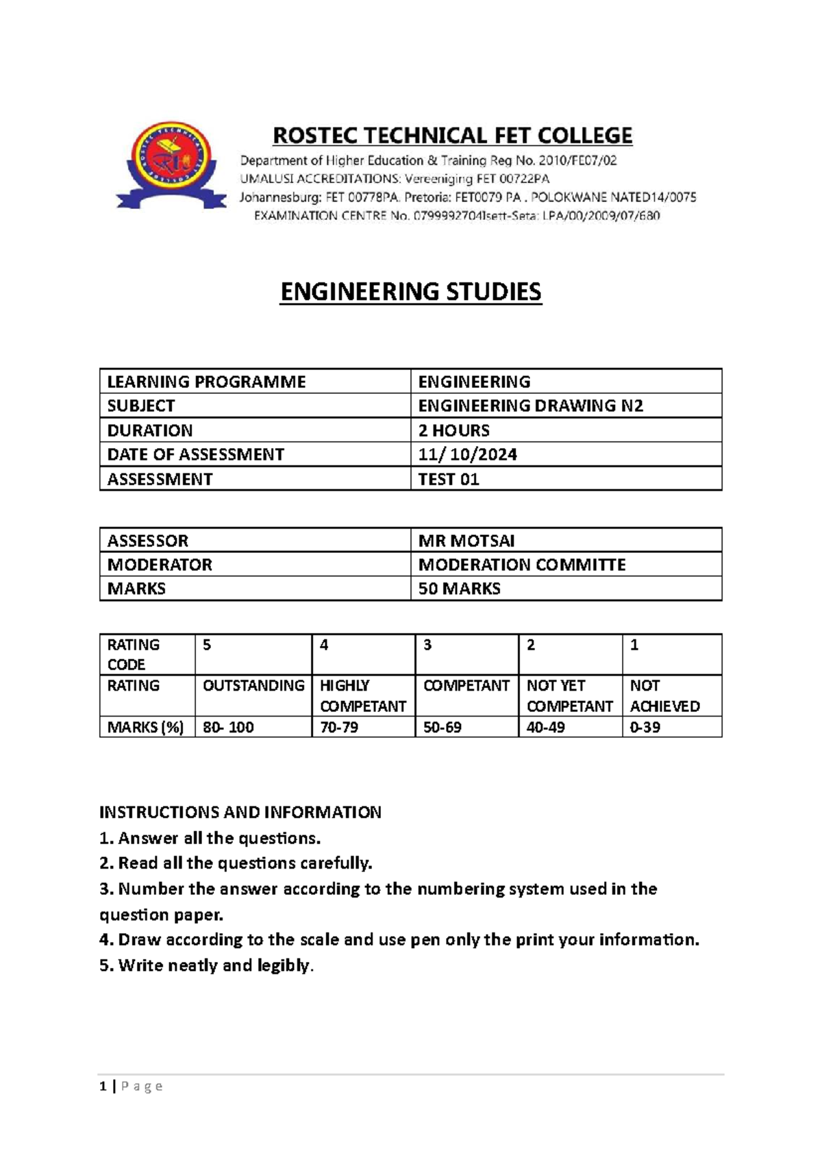 Engineering Drawing Test N2 - Assessment Instructions & Questions - Studocu