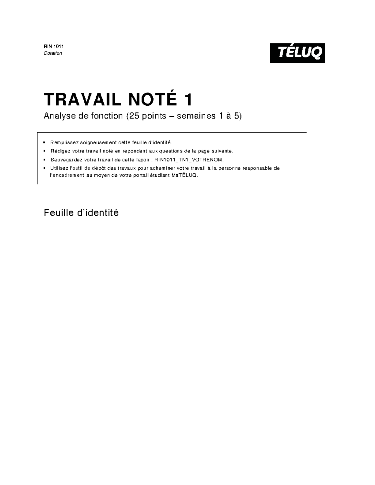 RIN1011 TN1 - RIN 1011 Dotation TRAVAIL NOTÉ 1 Analyse de fonction (25 points 3 semaines 1 à 5 ...
