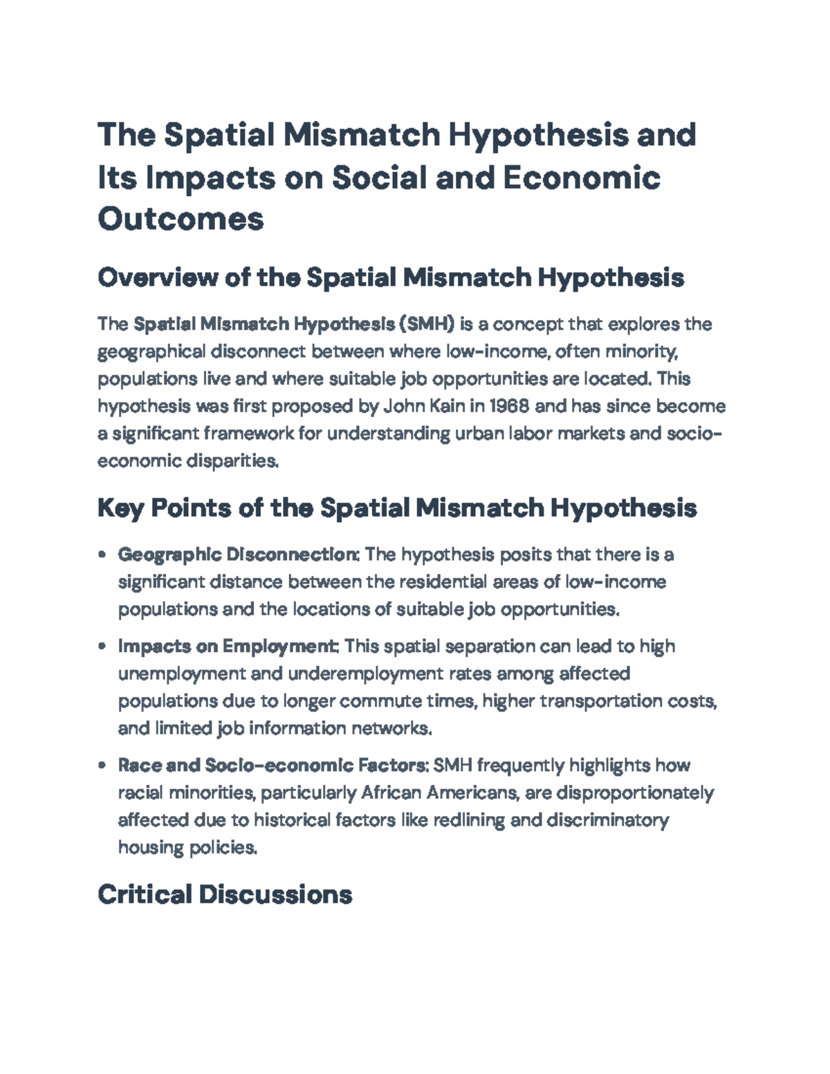 Exploring the Spatial Mismatch Hypothesis and Its Socio-Economic ...