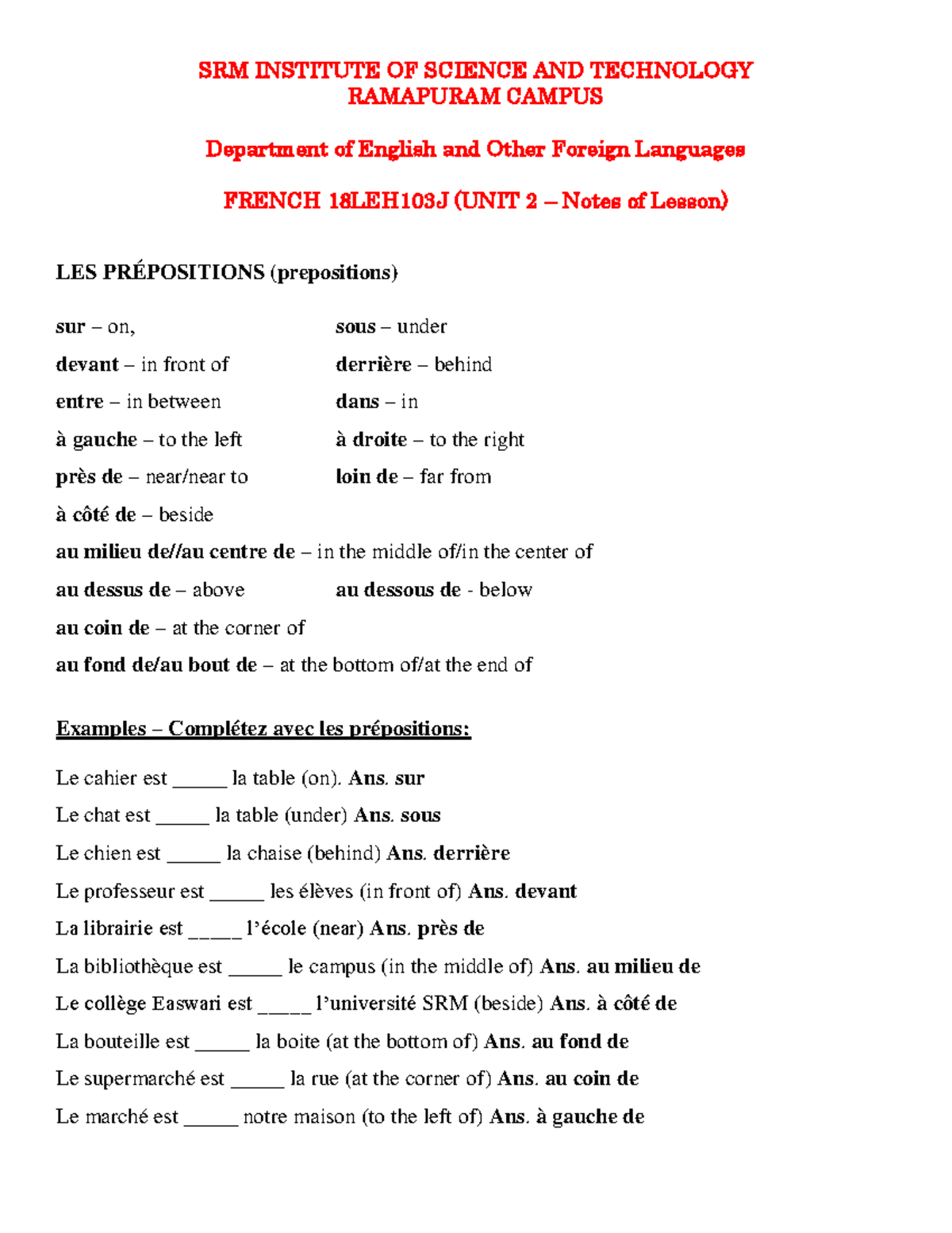 French 18LEH103J - Notes on Prepositions and Directions - Studocu