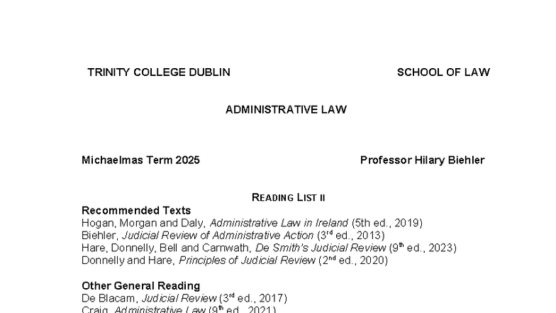 Administrative Law Reading List II - Michaelmas Term 2025 (LAW) - Studocu