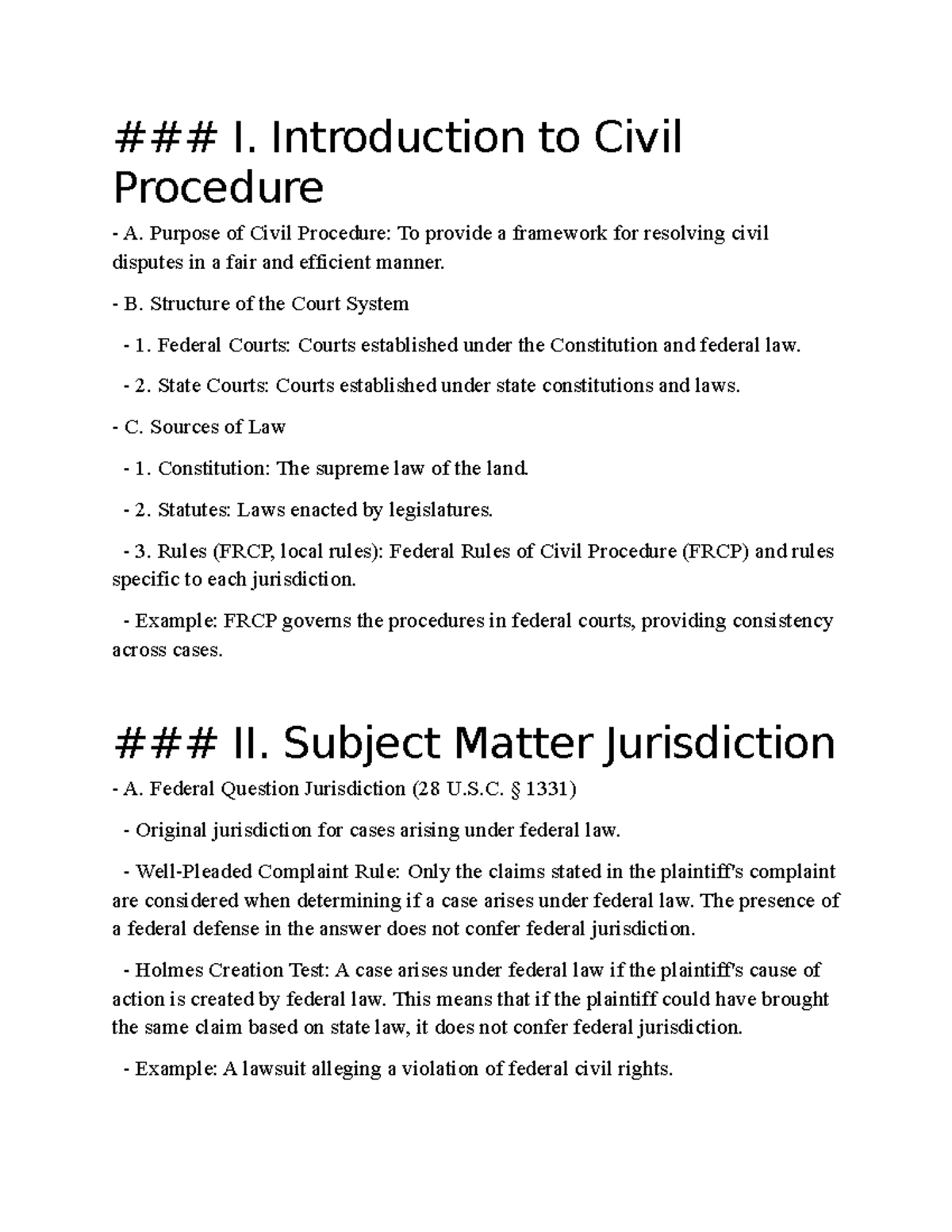 Civil Procedure Outline - ### I. Introduction to Civil Procedure - A ...
