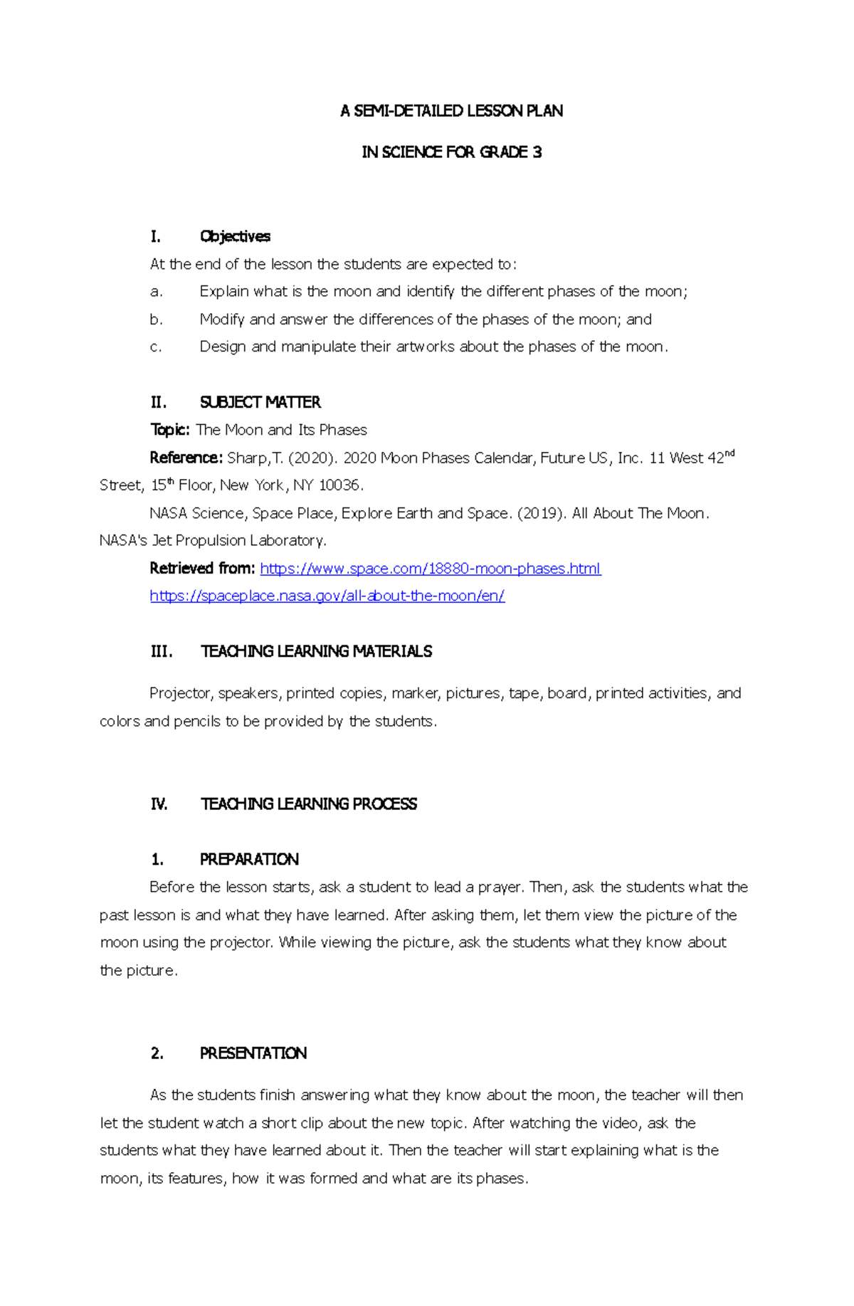 SEMI-DETAILED Lesson Plan in Science: The Moon Phases for Grade 3 - Studocu
