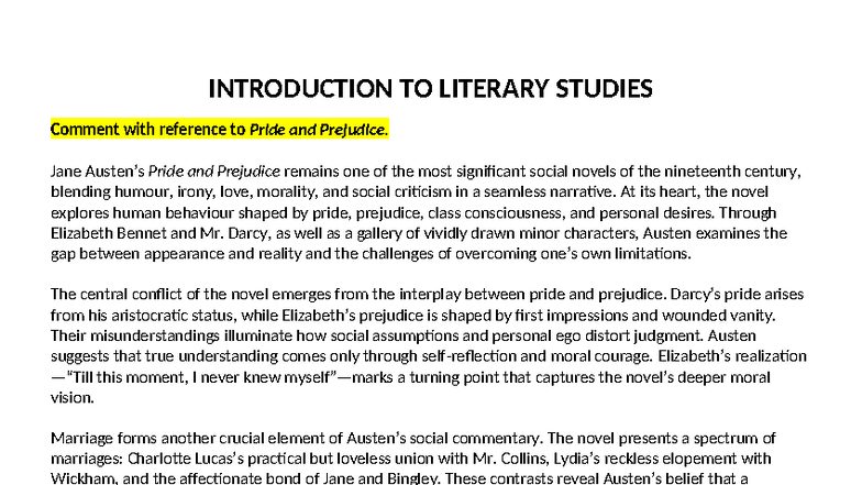 Introduction to Literary Studies: Analyzing Irony in Pride and ...