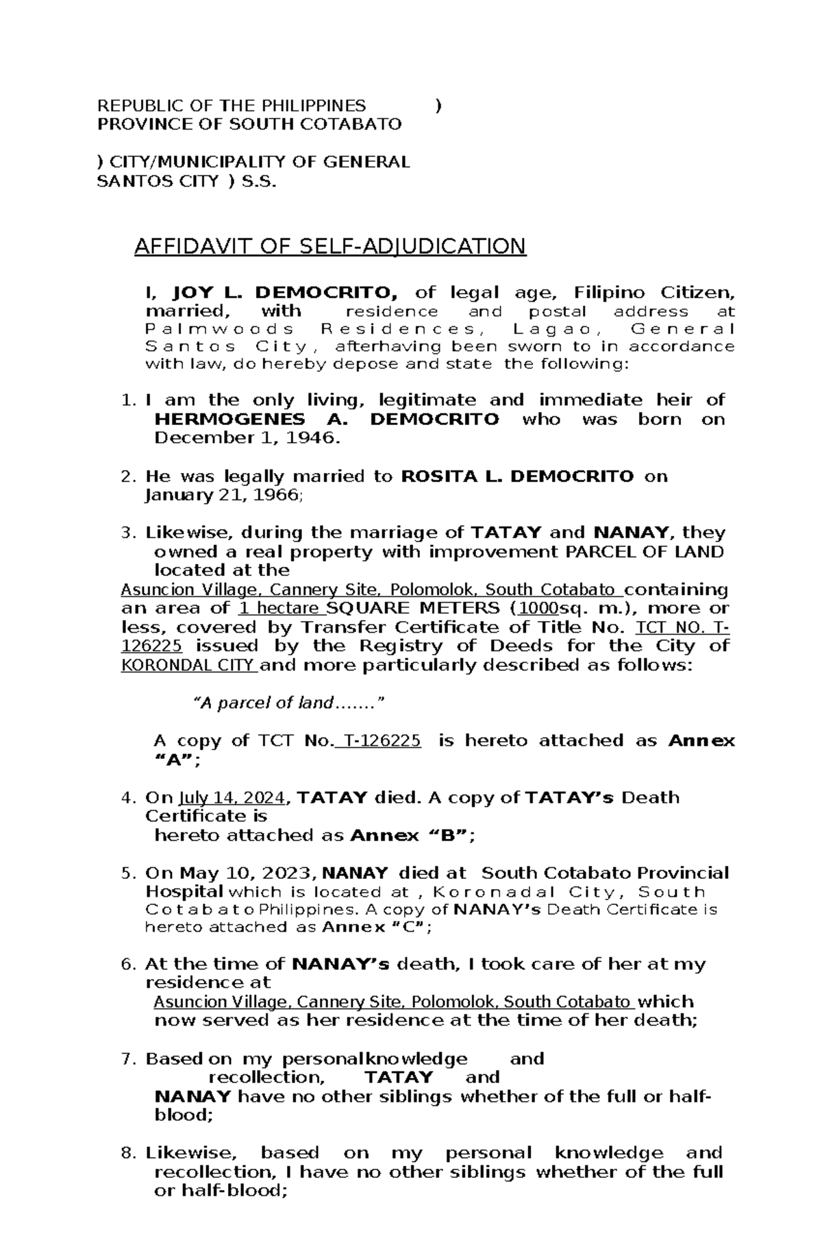 Affidavit of Self-Adjudication - Joy L. Democrito, South Cotabato - Studocu