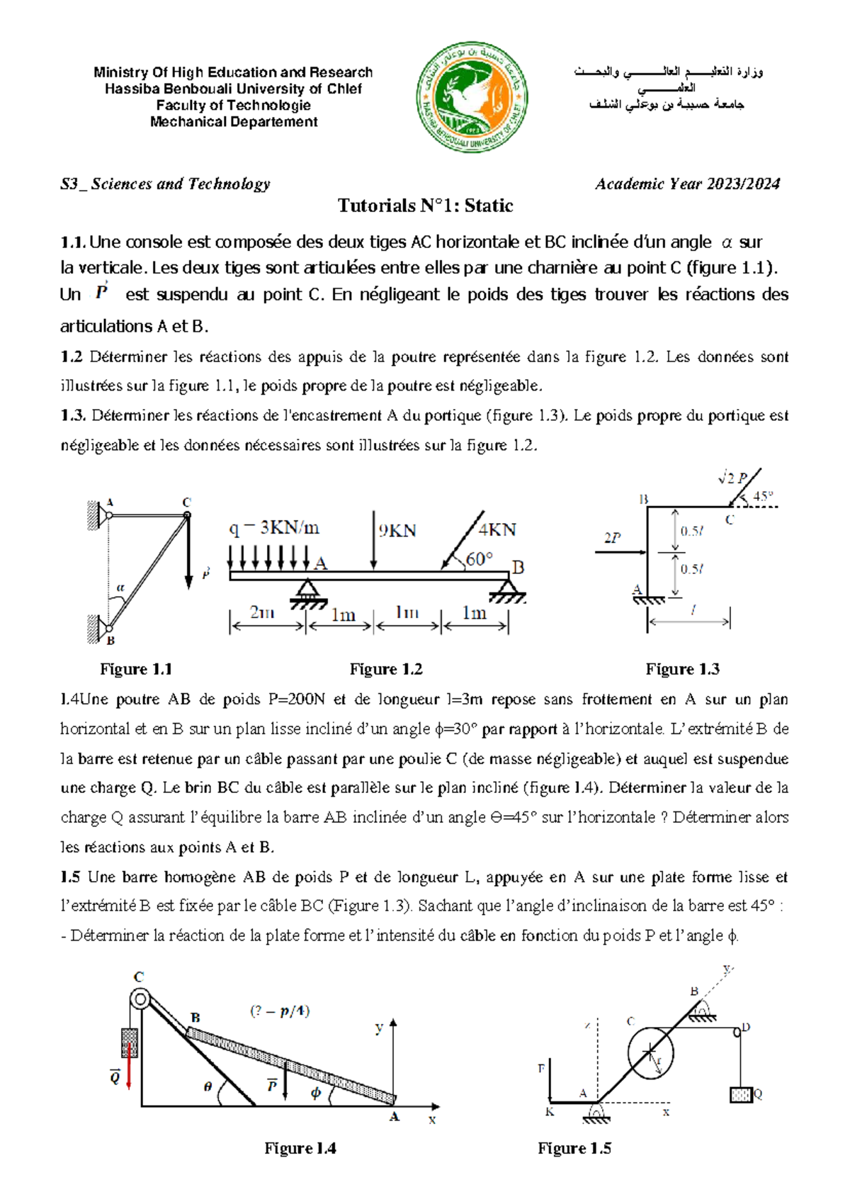 TD-N1 Chapitre 01: Statique des Structures - Exercices 2023-2024 - Studocu