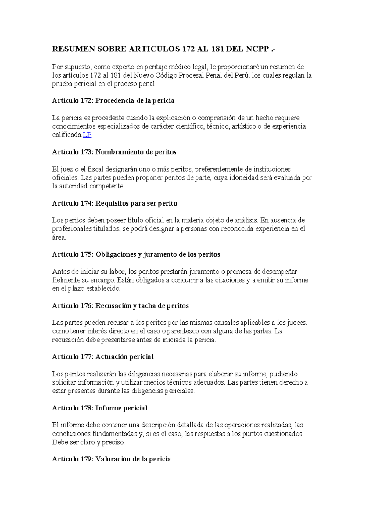Resumen de Artículos 172 a 181 del NCPP sobre Prueba Pericial - Studocu