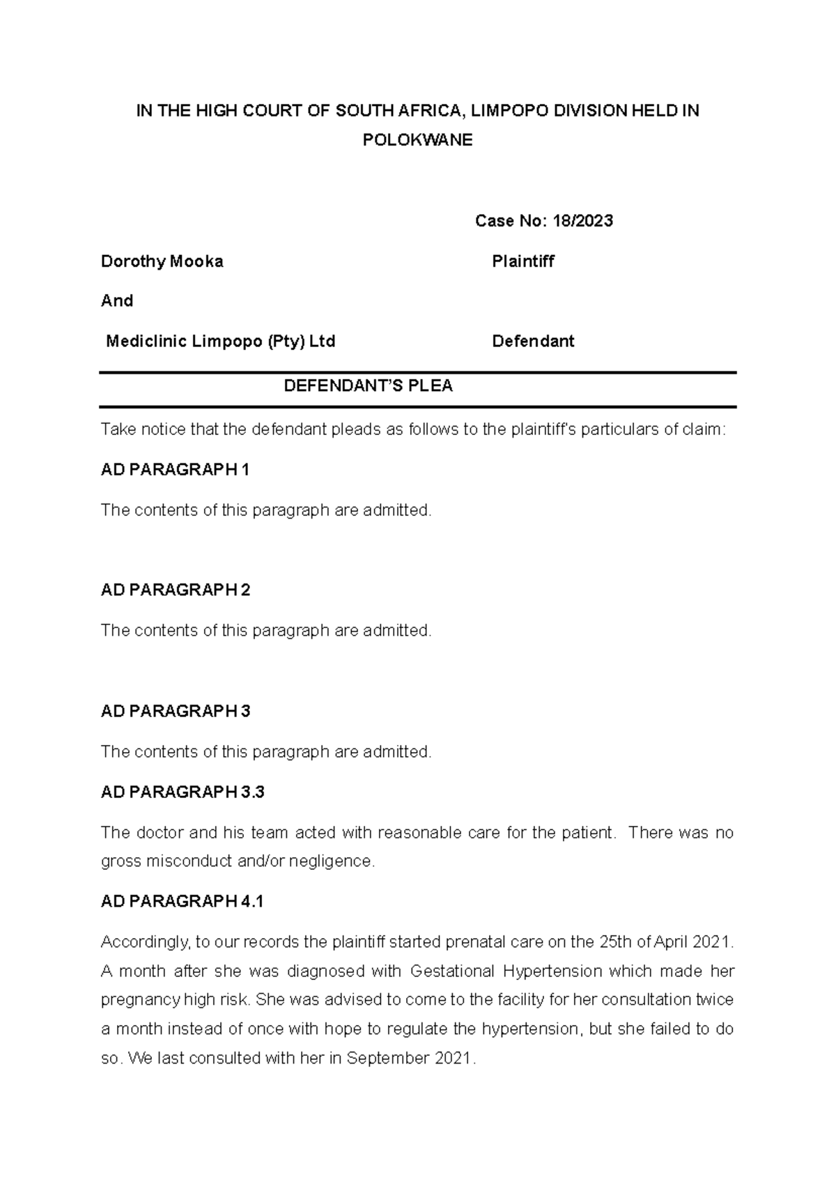 Plea and Counterclaim: Case No. 18 - Mooka vs. Mediclinic Limpopo - Studocu