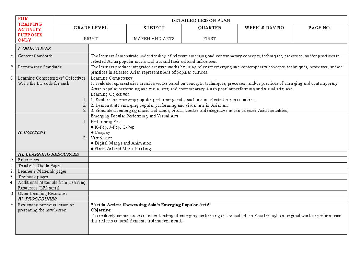 Detailed Lesson Plan for MAPEH 8: Exploring Asian Arts - Studocu