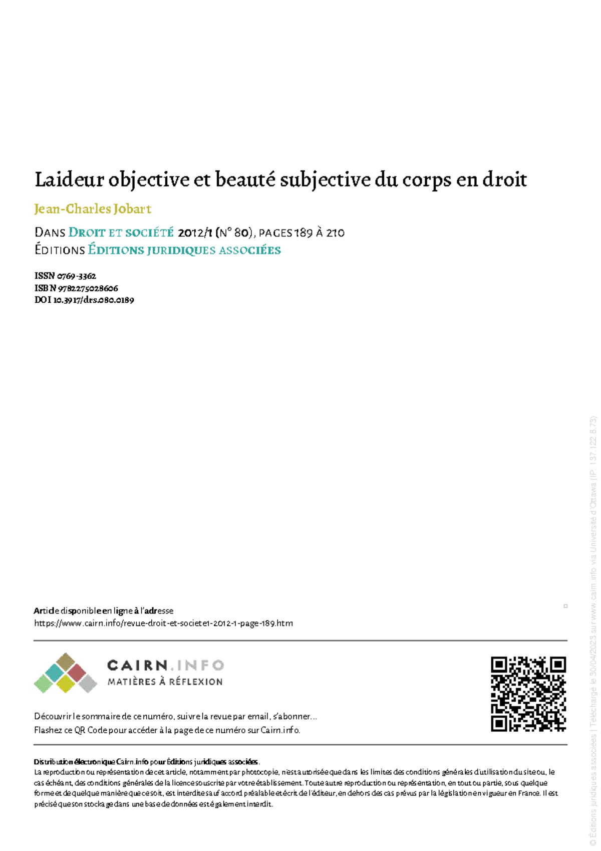 Laideur Objective et Beauté Subjective du Corps en Droit (Droit et ...