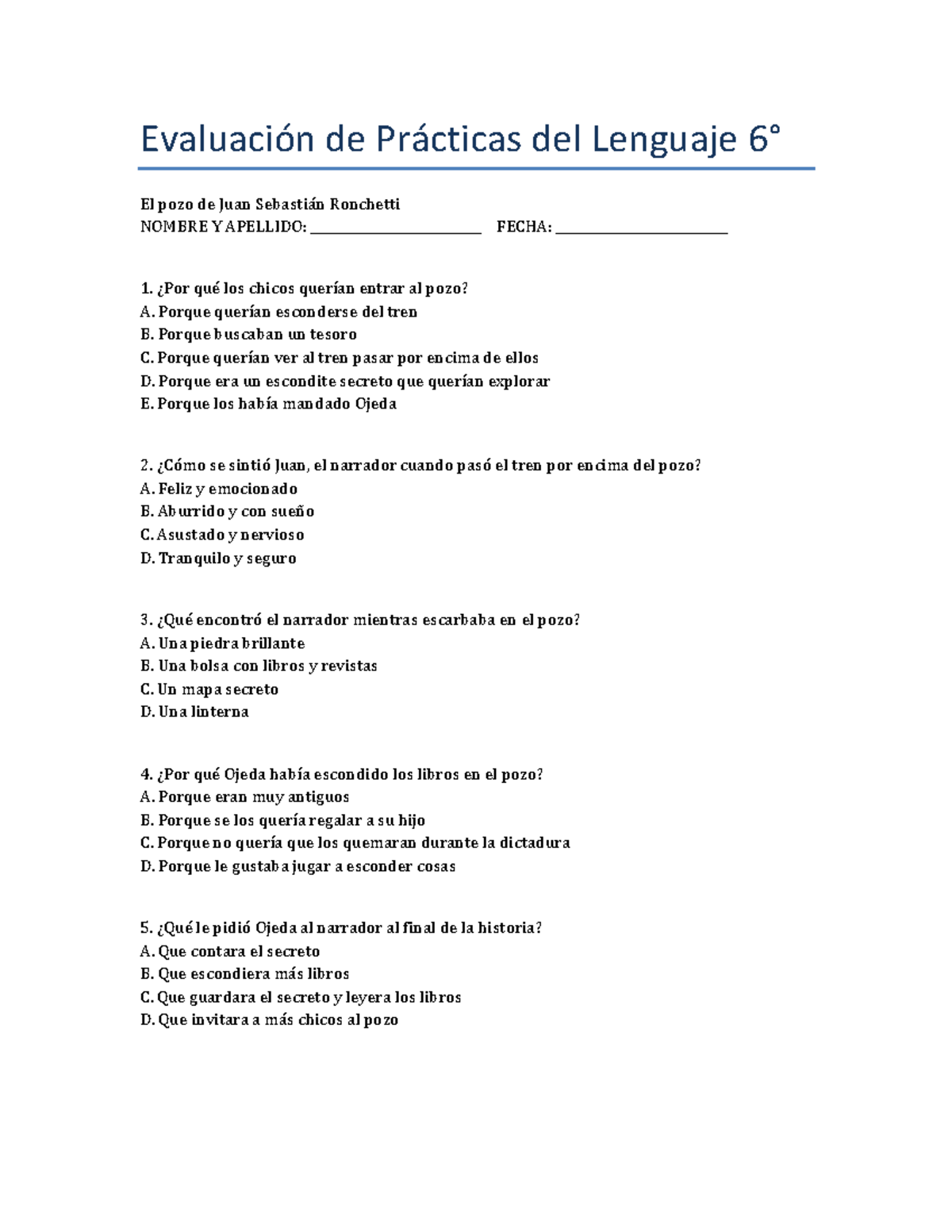 Evaluación de Prácticas del Lenguaje: El Pozo - Preguntas y Respuestas ...