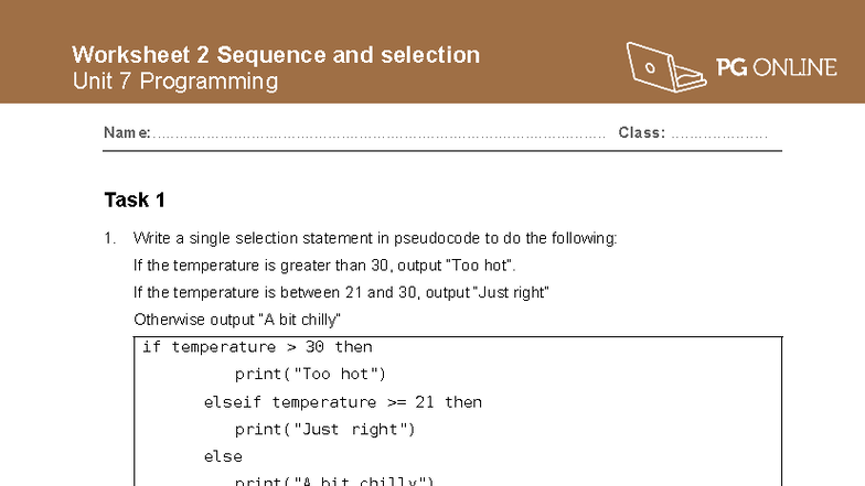 Worksheet 2: Sequence and Selection in Programming (Unit 7) - Studocu