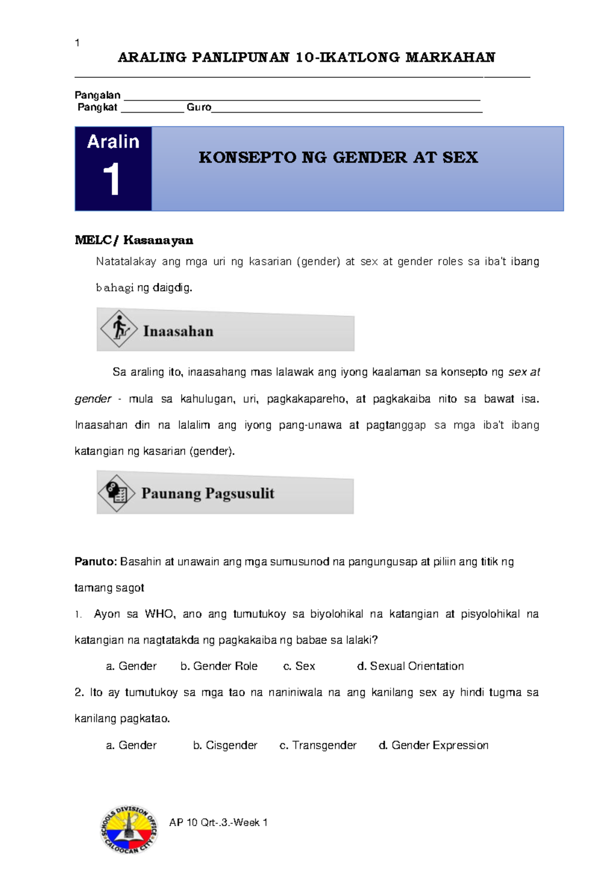 AP 10 Q3 Week 1 - information - ARALING PANLIPUNAN 10-IKATLONG MARKAHAN AP 10 Qrt-.-Week 1 ...