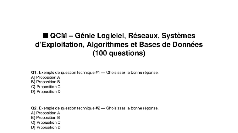 QCM Génie Logiciel, Réseaux et Systèmes - 100 Questions Techniques - Studocu