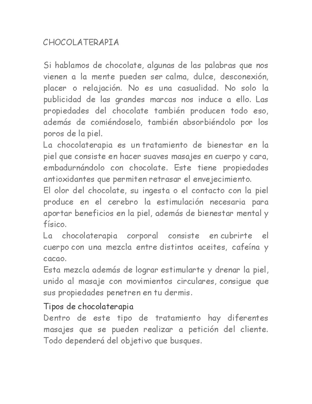Chocolaterapia: Beneficios y Tipos de Tratamientos Corporales - Studocu
