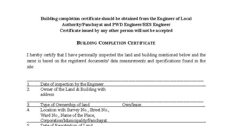 Building Completion Certificate Template - Download Format - Studocu