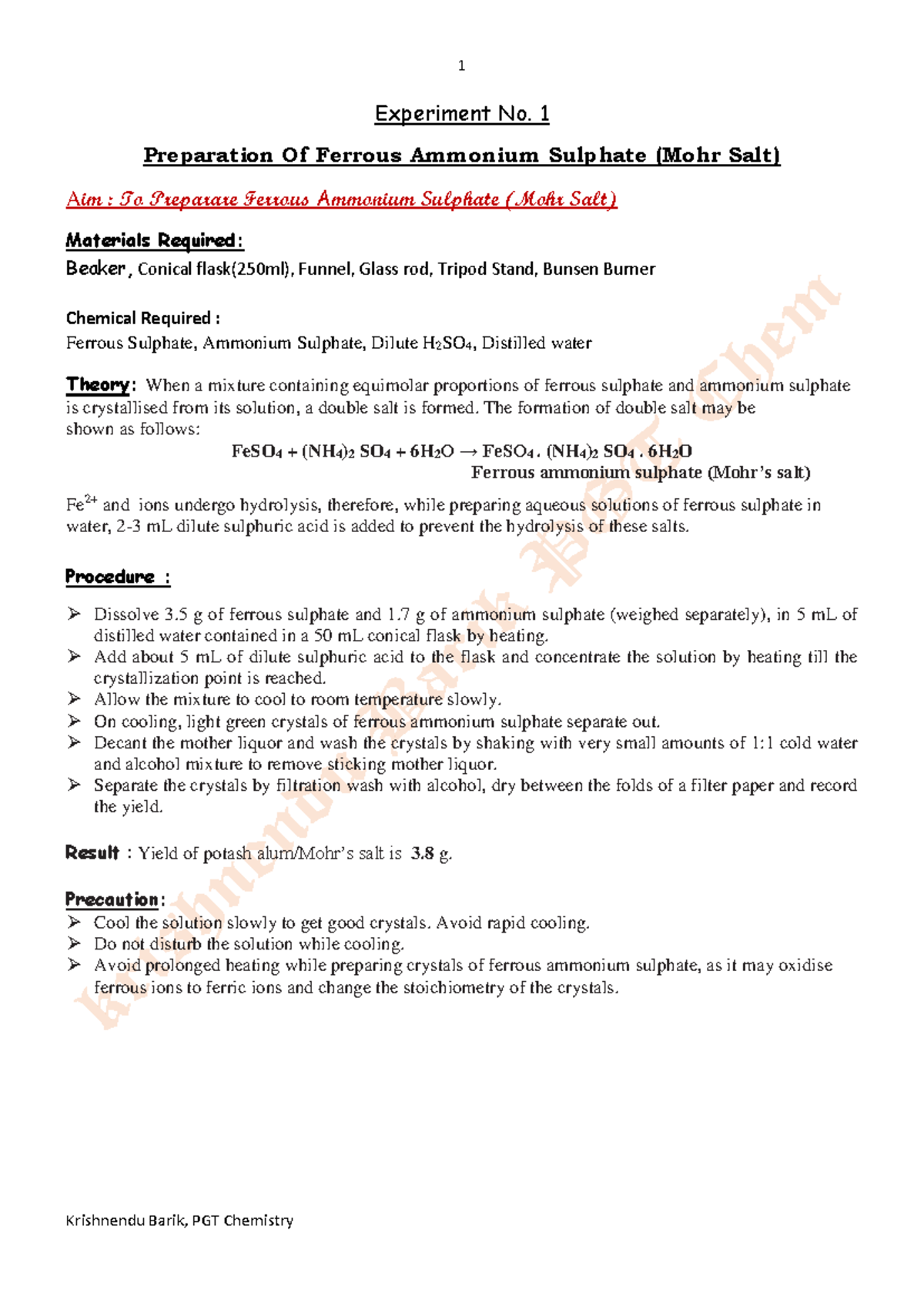 Chemistry Practical XII: Experiments on Ferrous Ammonium Sulphate ...