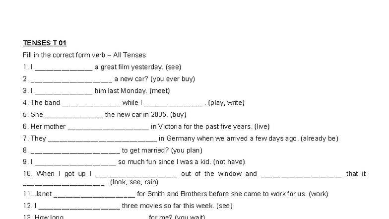 TENSES T 01 & T 02: Fill in the Correct Verb Forms Exercises - Studocu