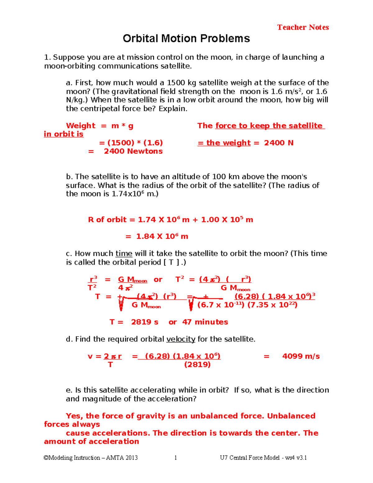 06 TE Orbital Motion Problems Worksheet - Teacher Notes Orbital Motion ...