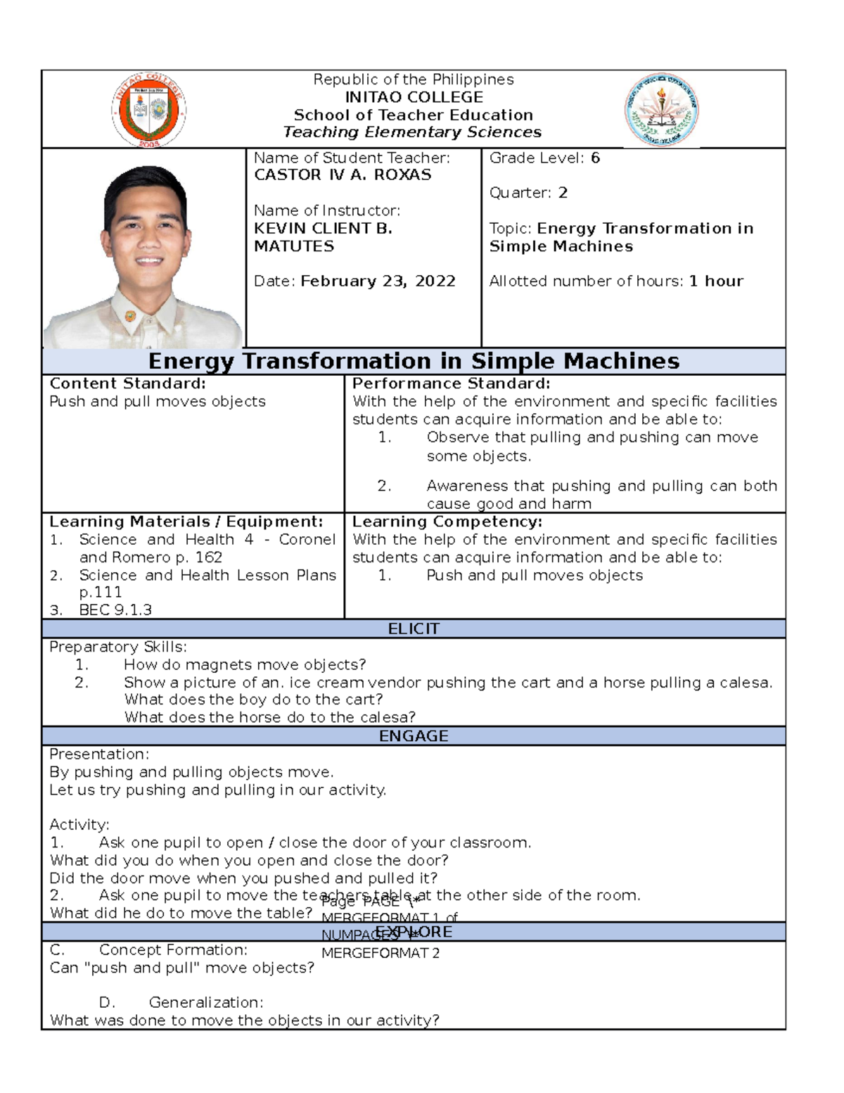 SCI Lesson Plan: Energy Transformation in Simple Machines - C4 - Studocu