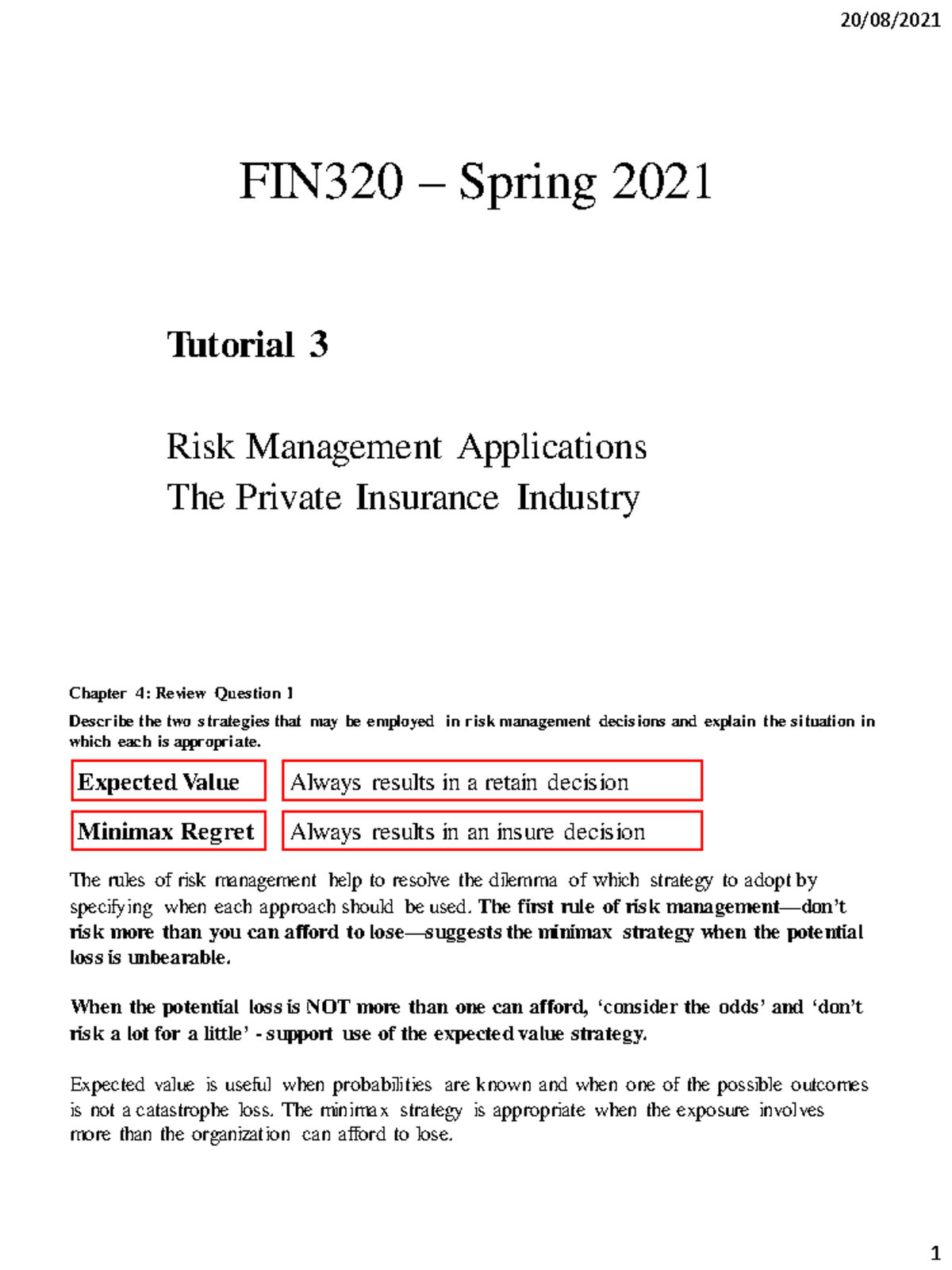 FIN320 WK4 Tutorial Solutions: Risk Management Analysis and ...
